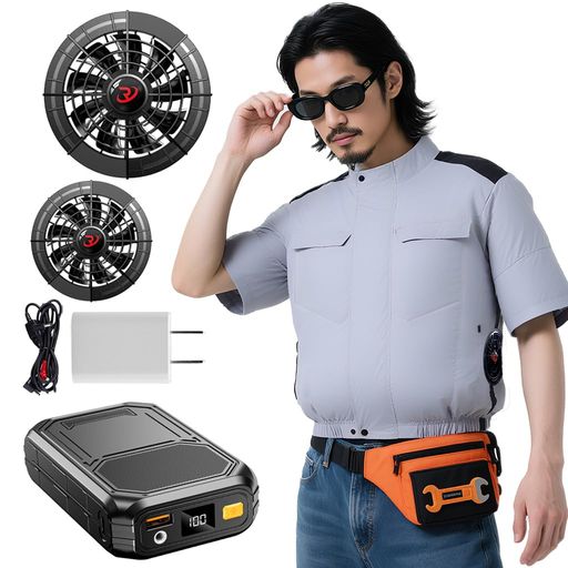 [ROASICEE] 空調作業服 【2025新登場 裏チタン加工 30000MAHバッテリー付き】 半袖 1日中連続使用可能 ファンバッテリーセット ダブルサイズ UVカット PSE認証済 フルセット 熱中症対策 男女兼用