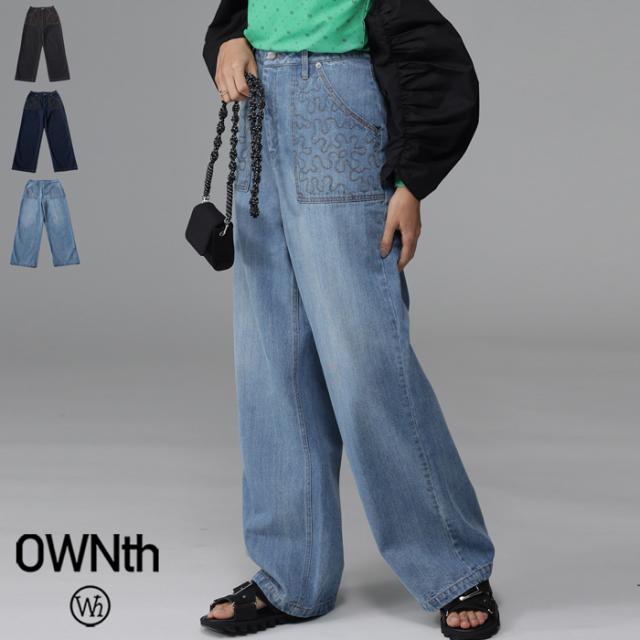 配色ステッチ デニムパンツ レディース ロング ワイド 送料無料・メール便不可 冬新作