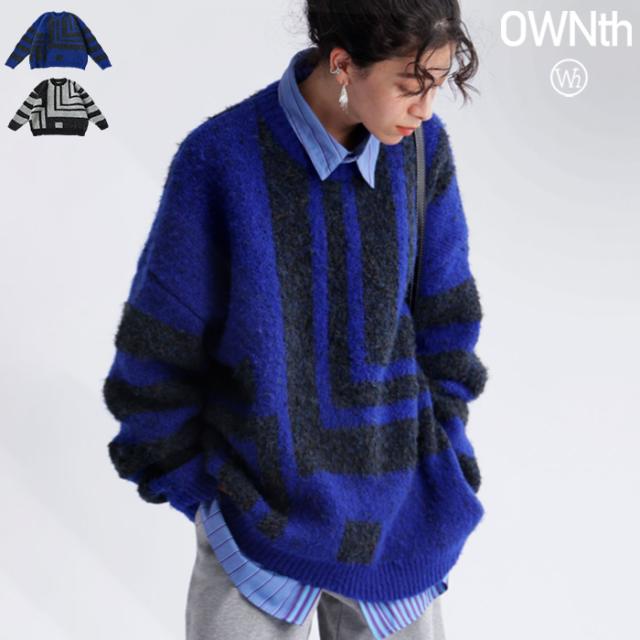 まとめて20％OFF！12日20時〜19日10時 幾何学柄 モヘアタッチニット ユニセックス 長袖 トップス 送料無料・メール便不可 秋新作