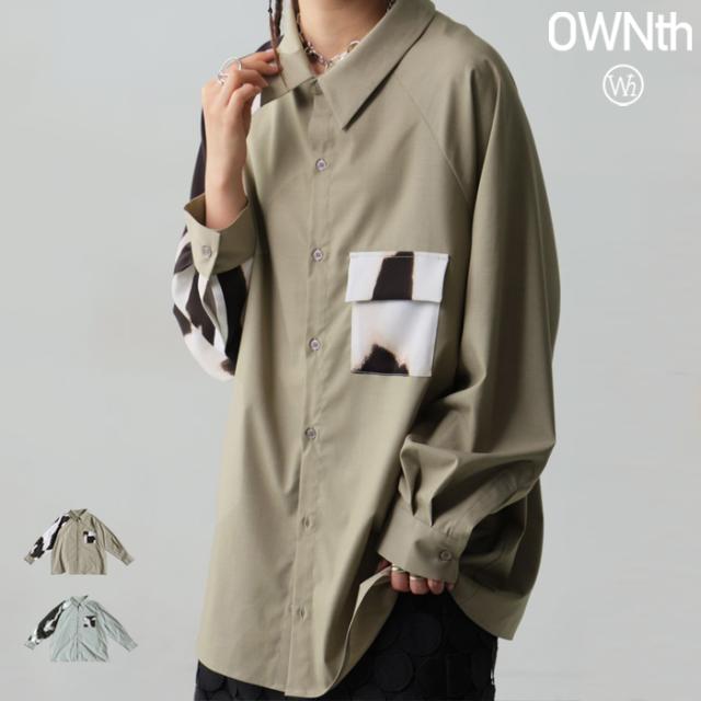 まとめて20％OFF！12日20時〜19日10時 墨汁柄 ポケット付 ユニセックス シャツ 長袖 切替 送料無料・メール便不可 秋新作