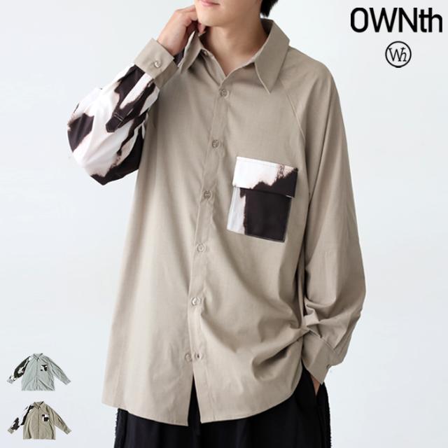 墨汁柄 ポケット付 ユニセックス シャツ 長袖 切替 送料無料・メール便不可 秋新作