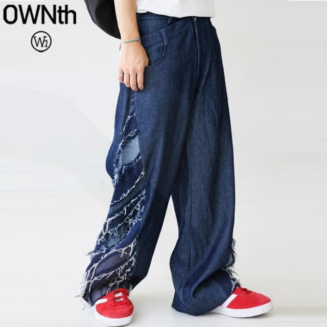 デニム切替 ワイドパンツ メンズ デニム 無地 送料無料・メール便不可 冬新作