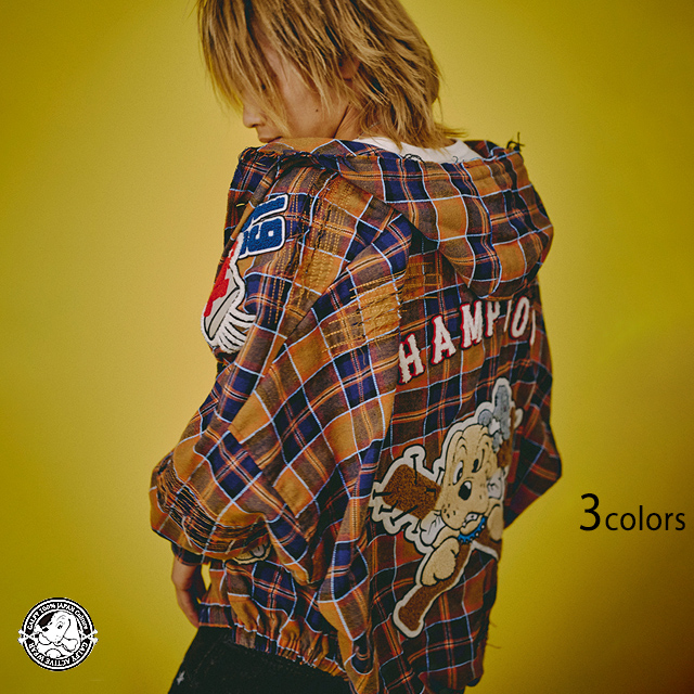 ワッペンだらけチェックパーカー GALFY 153075 ガルフィー ゆったりめ オーバーサイズ ユニセックス