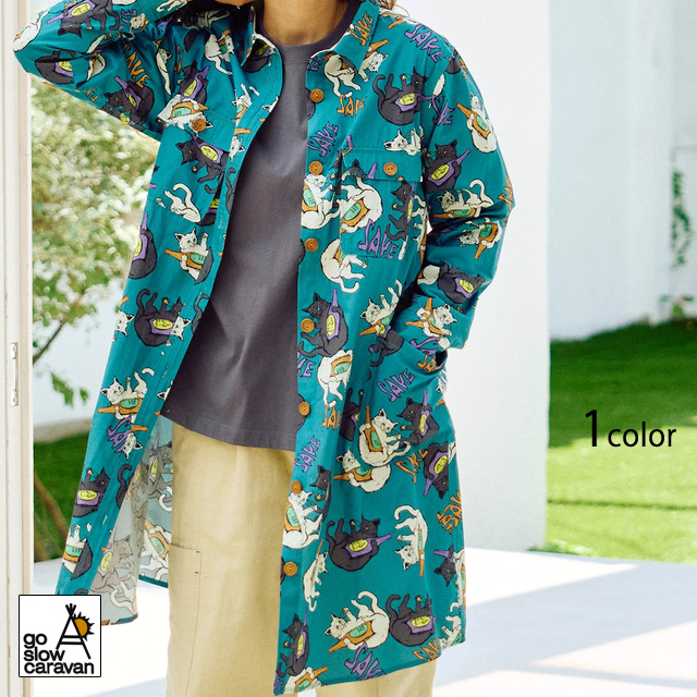 猫と晩酌 シャツワンピース go slow caravan レディース 350201 ゴースローキャラバン ネコ 総柄