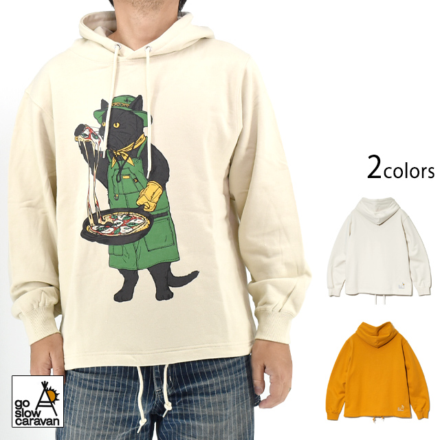 空紡糸裏毛 スキレットピザ猫 ヘムスピンドルフーディー go slow caravan 352607 ゴースローキャラバン ネコ アウトドア