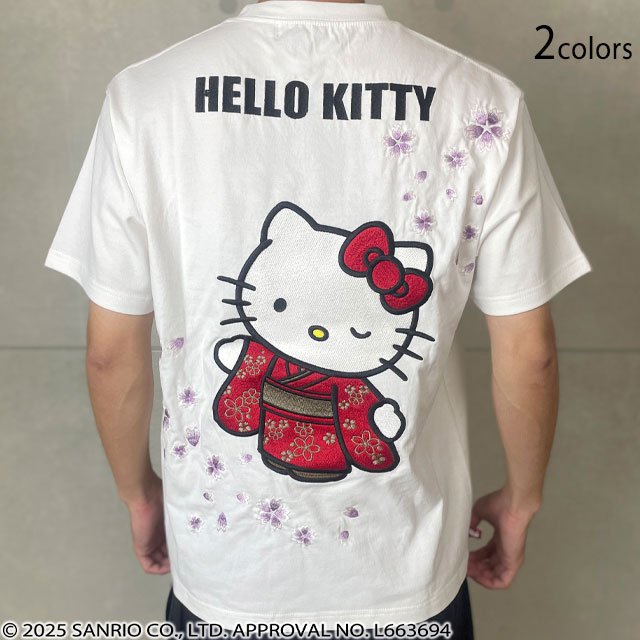 Hello Kitty×絡繰魂コラボ SAKURA半袖Tシャツ 絡繰魂 254050 和柄 和風 キティ 刺繍 桜 さくら ユニセックス