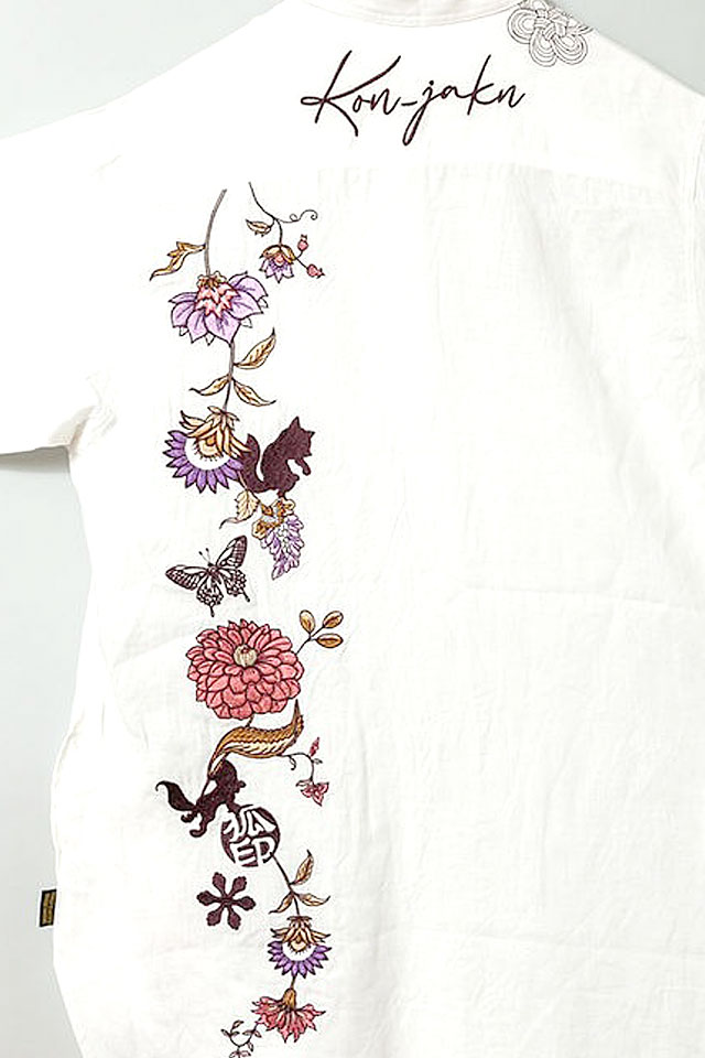 和風ペイズリー」総刺繍ロング丈シャツ 今昔 KJ-29215 和柄 狐 きつね