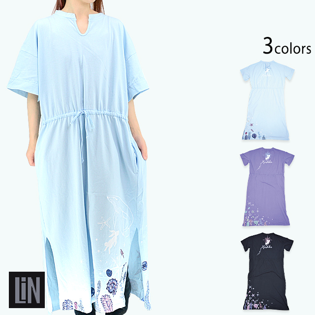 黒菟華 鯨と泳ぐワンピース LIN レディース AL-759065 和柄 兎 ウサギ うさぎ クジラ