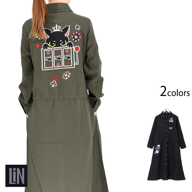 ラミ＆アール カジノ長袖シャツワンピース LIN レディース AL-75502 和柄 黒猫 ネコ 鼠 刺繍