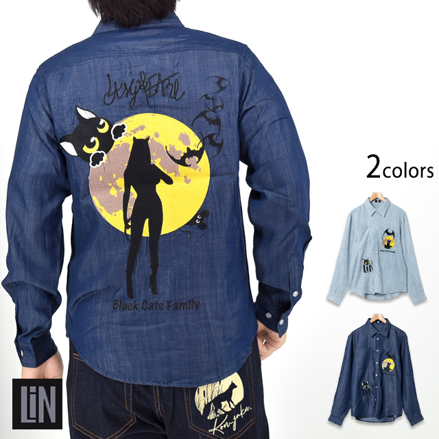 ラミ＆アール BLACK CATS FAMILY総刺繍長袖シャツ LI N AL-75805 黒猫 ネコ コウモリ ユニセックス