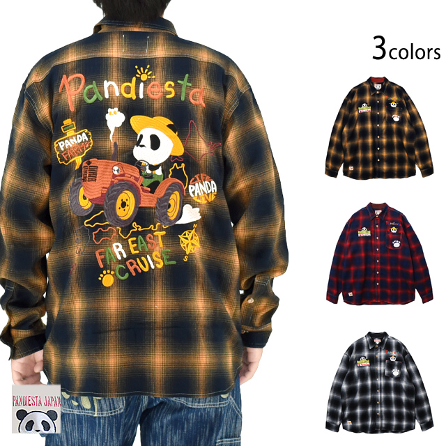 ファーマーズパンダ オンブレチェック長袖シャツ PANDIESTA JAPAN 595204 パンディエスタジャパン ネルシャツ 刺繍