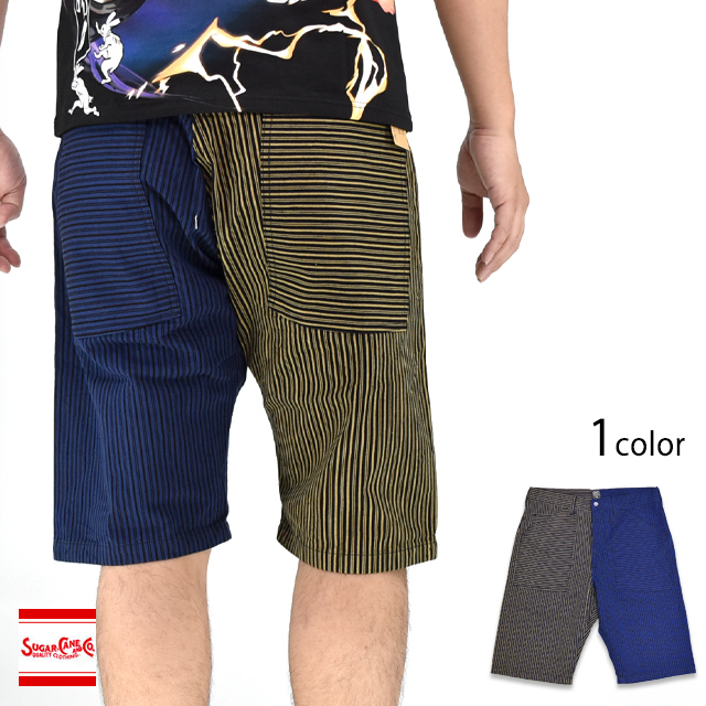 FICTION ROMANCE ブルー×ブラウン ストライプワークショーツ SUGER CANE SC52539 シュガーケーン 日本製 ハーフパンツ