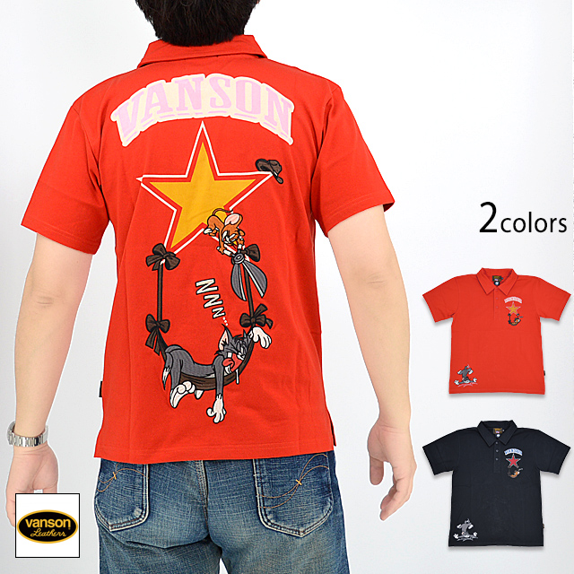 vanson×TOM＆JERRYコラボ 天竺半袖ポロシャツ vanson TJV-2316 バンソン ヴァンソン トムとジェリー 刺繍