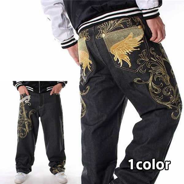 刺繍 極太 デニム ジーンズ パンツ メンズ ルーズフィット B系 レディース ヒップホップ ストリート 英字 ロゴ HIPHOP 柄 極太バギー 大きいサイズ ゆったり