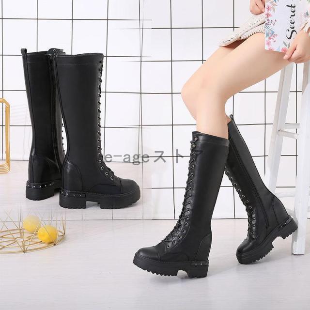 ロングブーツ レディース 編み上げ靴 バックジップ シークレット インヒール 身長アップ 厚底 レザーシューズ 革靴 カジュアル こっそり10cmア