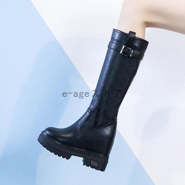 ブーツ レディース ロングブーツ シークレット 身長アップ 10cmアップ 厚底 革靴 太ヒール レザーブーツ フェイクレザー 光沢 ツヤ ブラック