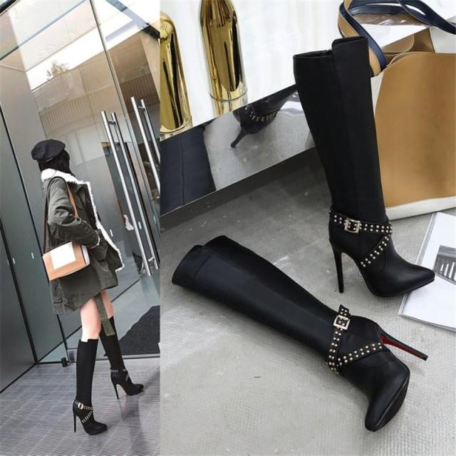 ロングブーツ 22cm?26.5cm 防寒ブーツ シューズ 大きいサイズ ピンヒールブーツ レディース長靴 ハイヒール 裏起毛 美脚 ジョッキーブーツ 疲れない