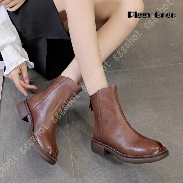 レディース ショートブーツ 本革 バックジッパー 厚底 ラウンドトゥ ローヒール 歩きやすい カジュアル 黒 茶色 アンクルブーツ 大きいサイズ 靴 ブーティー