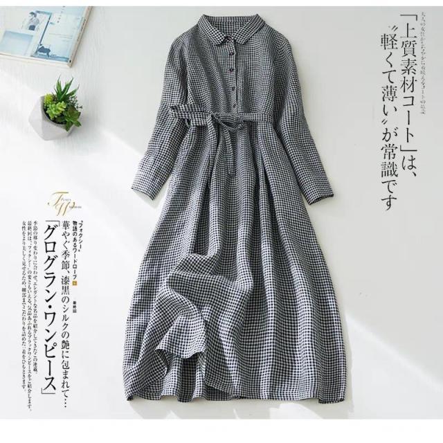 ダブルガーゼ シャツワンピース ロングワンピース レディース 春 長袖 シャツ チェック柄ワンピース ロングシャツ 綿 無地 腰紐 30代 40代