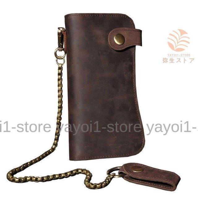 アンティーク 長財布 本革 スナップ 二つ折り 財布 バイカーズ 小銭入れ付き ウォレット レザー カードケース 金属チェーン付き 14カード入れ