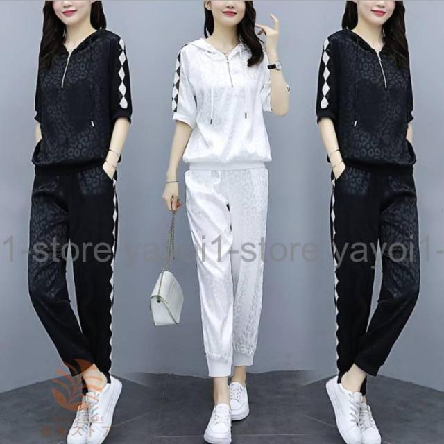 スポーツウェア レディース 2点セット 上下セット ヒョウ柄 レオパード ジップアップ ランニングウェア フィットネス ウェア トップス パンツ ジム ジャージ …