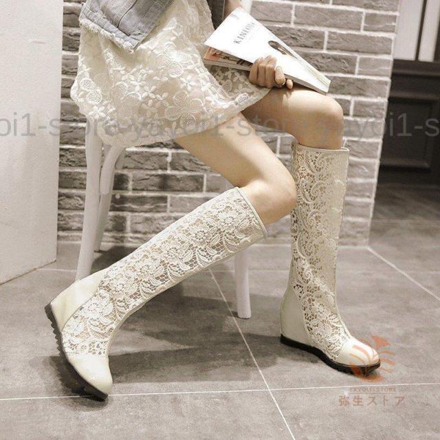 おしゃれ レース サマーブーツ サンダル ブーツサンダル ブーサン 夏 美脚 ブーツ インヒール ハイヒール 靴 ロングブーツ レディース美脚/脚長 歩きやすい