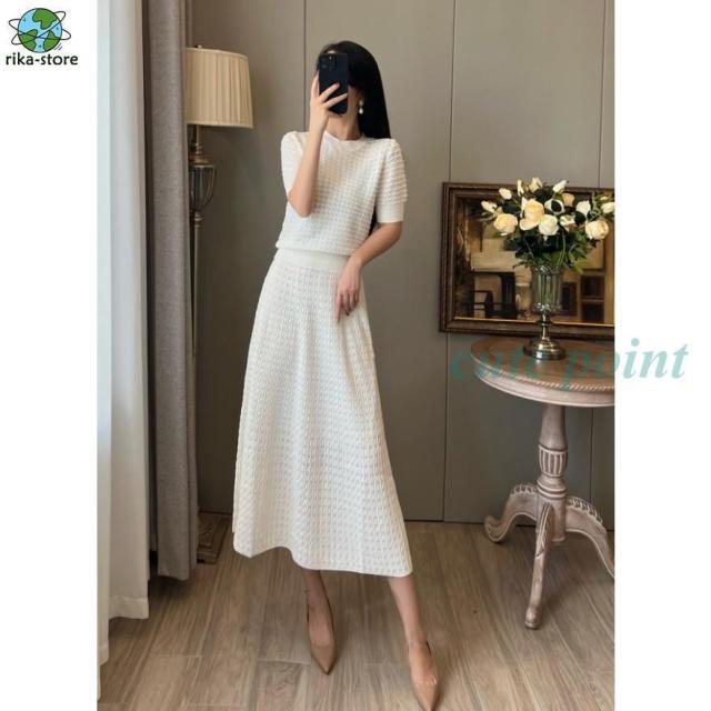 セットアップ レディース サマーニット きれいめ 半袖ニット 五分袖 ミモレ丈 スカート ロング Aライン シンプル 大きいサイズ 黒 白 通勤服 オフィス