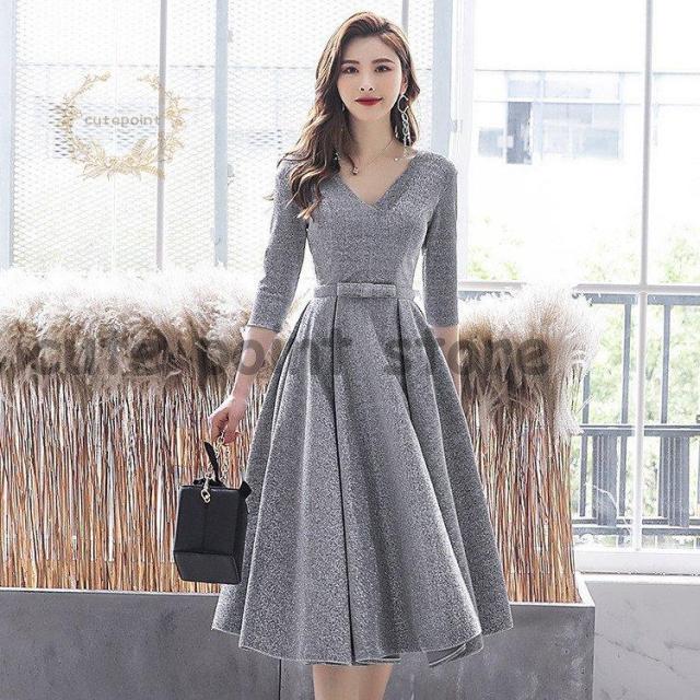 パーティードレス 結婚式 上品 ミモレ丈ドレス 袖ありワンピース ウエディングドレス 大きいサイズ 20代 30代 40代 きれいめ お呼ばれ 卒業式 発表会 披露宴