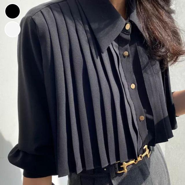 ビッグカラー プリーツ ブラウス シンプル 無地 ゴールドボタン 高見え 韓国ファッション