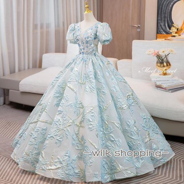 カラードレス プリンセスライン 青 ブルー パフスリーブ 半袖 上品 ロングドレス ウェディングドレス 結婚式 二次会 花嫁 前撮り 演奏会 発表会 ステージ衣装