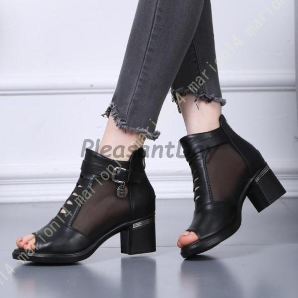 ショートブーツ サマーブーツ 太ヒール メッシュ オープントゥ サンダル ローヒール 5cm レディース ブーツサンダル シースルー バックジッパー 夏ブーツ