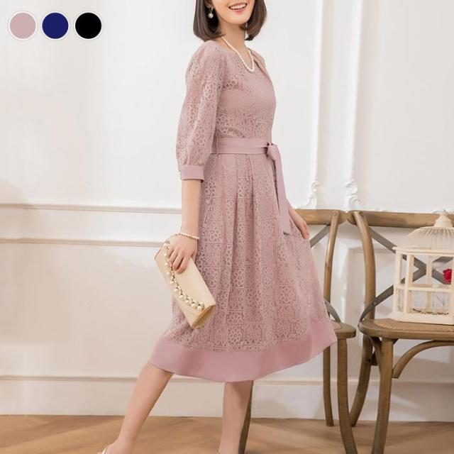 パーティードレス レディース 結婚式 ドレス 黒 紺 ワンピース レース 大人 ピンク ネイビー ブラック フォーマル お呼ばれ 20代 30代 40代 ママ 母 送料無料