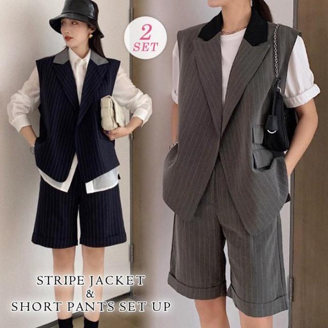 セットアップ レディース 春 夏 春夏 ジャケット 2点セット ストライプ 上下セット スーツ ノースリーブ パンツスーツ グレー ネイビー 30代 40代 送料無料