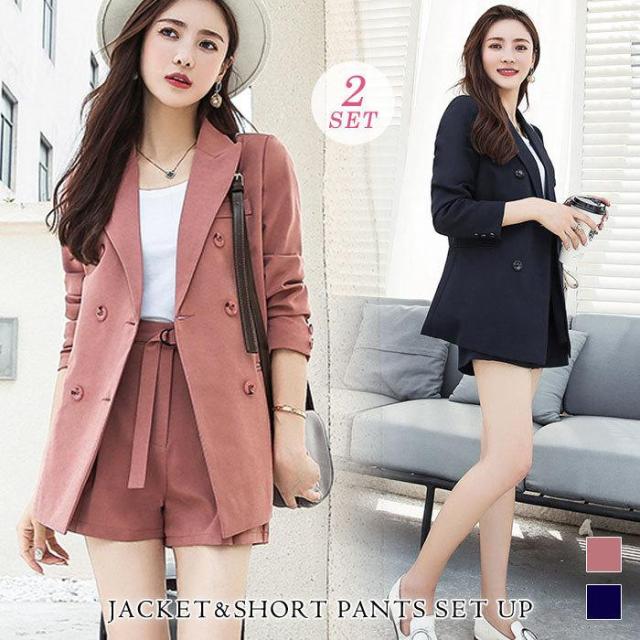 セットアップ レディース スーツ 春 夏 春夏 紺 ジャケット 2点セット 上下セット ジャケット ショートパンツ アウター ネイビー テラコッタ 20代 送料無料