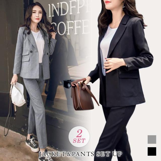 セットアップ レディース スーツ 春 夏 春夏 黒 ジャケット パンツスーツ 上下セット ブラック グレー セレモニー フォーマル オフィス 20代 30代 送料無料