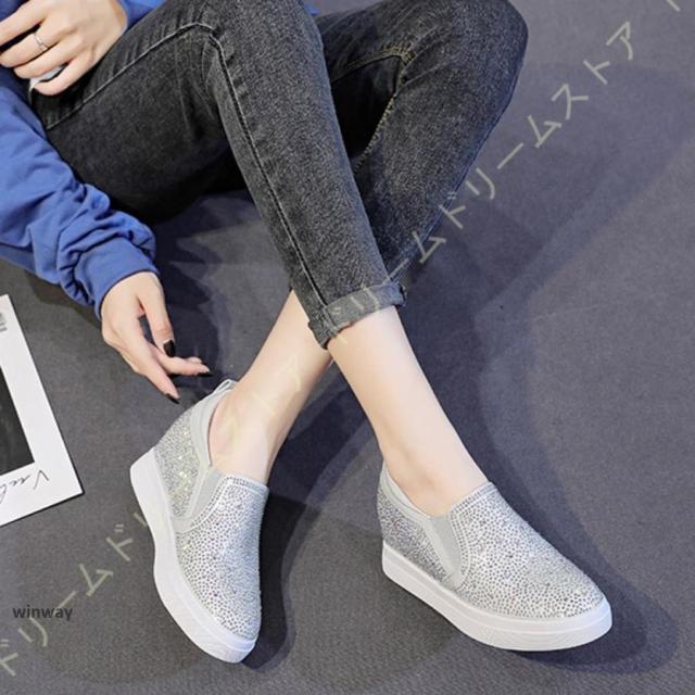 レディース スリッポン インヒールスニーカー ビジュー 可愛い 厚底 キラキラ 歩きやすい カジュアル 厚底 快適 プラットフォーム 身長アップ 美脚 フラット