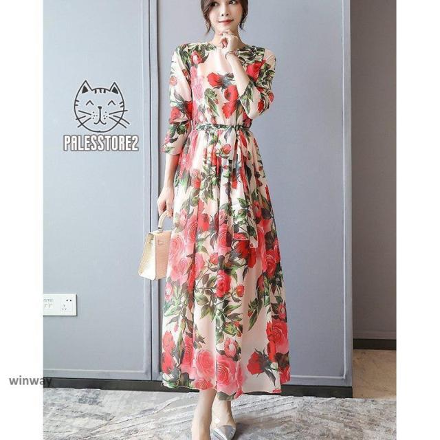 ワンピース レディース 春 フェミニン フローラル柄 花柄 小花柄 長袖 着やせ ハイウエスト マキシ丈 細見え 大人 きれいめ 上品 お呼ばれ