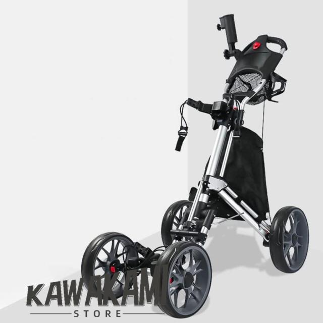 新ゴルフカートプッシュプルゴルフ用カート4輪折りたたみ式ゴルフトロリー アルミ合金製 ハンドブレーキとドリンクホルダー付き 開閉が簡