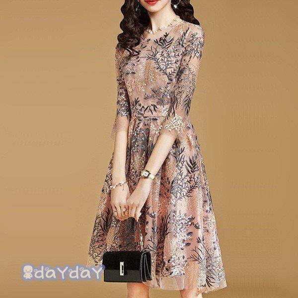 パーティードレス 結婚式 40代 ロング 袖あり 五分袖 風 大きいサイズ フォーマルドレス レースワンピース 刺繍 お呼ばれ 二次会 披露宴 謝恩会 上品 着痩せ