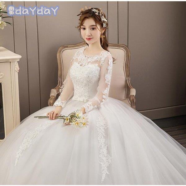 ウエディングドレス ロング 白 豪華 お呼ばれ 袖あり 肩隠し袖隠し レース 上品着痩せ 結婚式 二次会 演奏会 花嫁 披露宴 撮影 編み上げ式