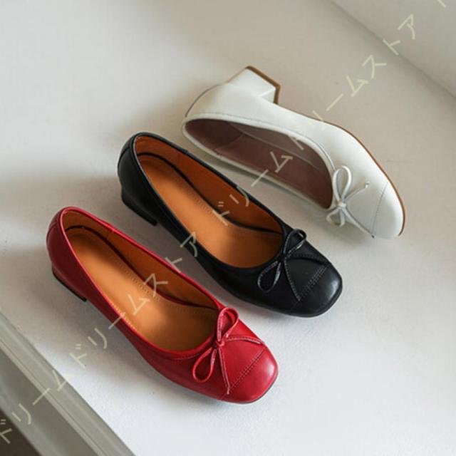 パンプス スクエアトゥ バレエシューズ 本革 柔らかい バレエ 3cmヒール 疲れない ぺたんこ フラットシューズ レディース スクエアトゥバレエシューズ リボン