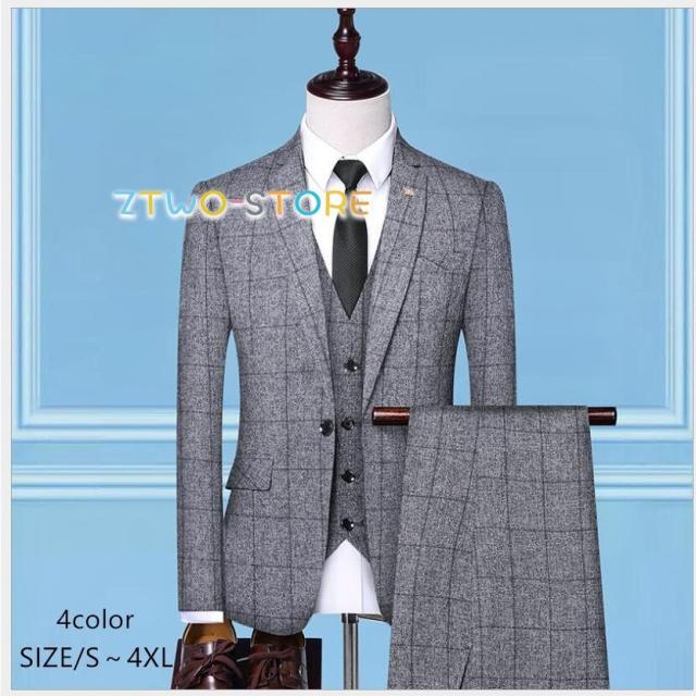 カッコイイ タキシードスーツ メンズスーツ 3ピーススーツ チェック柄 セットアップ フォーマルスーツ 結婚式 二次会 成人式 卒業式 就職活 春秋冬 ビジネス