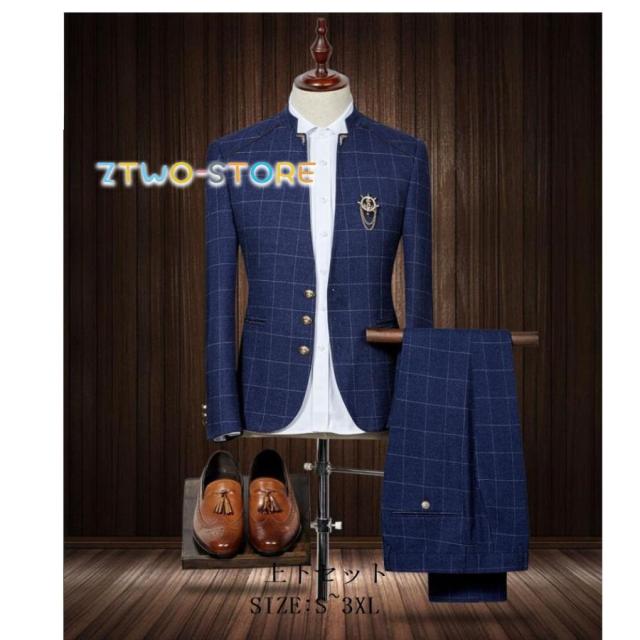 立ち襟 タキシードスーツ 2点セットスーツ メンズスーツ ストライプ 1つボタンスーツ 結婚式 二次会 成人式 卒業式 就職活 春秋冬 ビジネスフォーマルスーツ