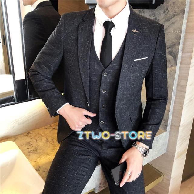 スーツ★発表会 忘年会 二次会 花婿の介添え 通勤 結婚式 卒業式 3ピーススーツ ジャケット+パンツ+ベスト パーティー 紳士用 ビジネス 春秋 チェック柄 就職
