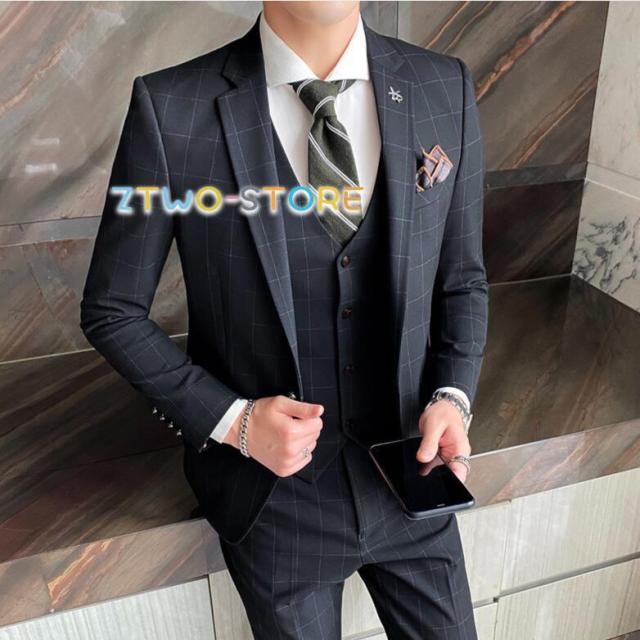 カッコイイメンズスーツ 3点セットスーツ チェック柄 1つボタンスーツ フォーマルスーツ 結婚式 二次会 成人式 卒業式 就職活 ビジネススーツ 披露宴