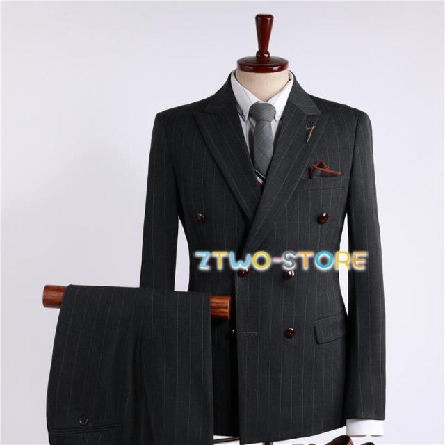 高品質★ストライプ ダブルスーツ 3ピーススーツ ビジネススーツ 就活 紳士服 花婿の介添え 通勤3点セット スリムスーツ リクルートスーツ 披露宴 結婚式 二次会
