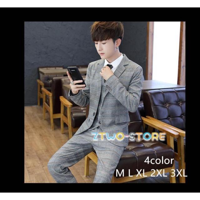チェック柄メンズスーツ 3点セットスーツ 1つボタンスーツ タキシードスーツ フォーマルスーツ 結婚式 二次会 成人式 卒業式 就職活 ビジネススーツ 司会者