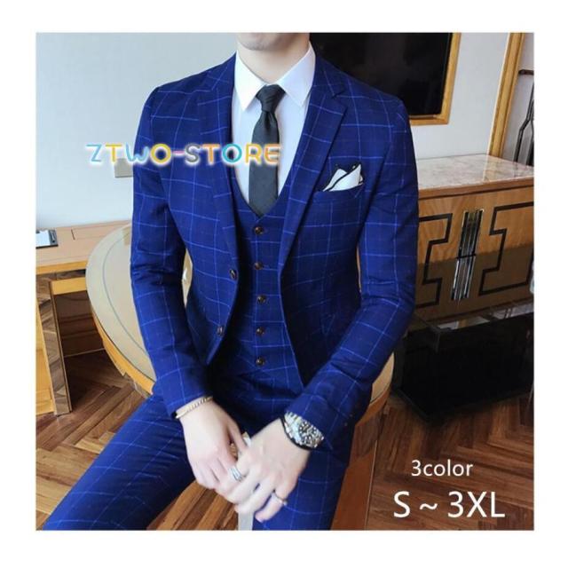 メンズスーツ 2つボタンスーツ チェック柄 フォーマルスーツ タキシードスーツ 3点セットスーツ 結婚式 二次会 成人式 卒業式 就職活 春秋冬 ビジネススーツ