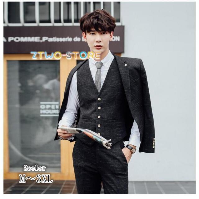 タキシードスーツ 3点セットスーツ メンズスーツ 2つボタンスーツ チェック柄 フォーマルスーツ 結婚式 二次会 成人式 卒業式 就職活 春秋冬 ビジネススーツ