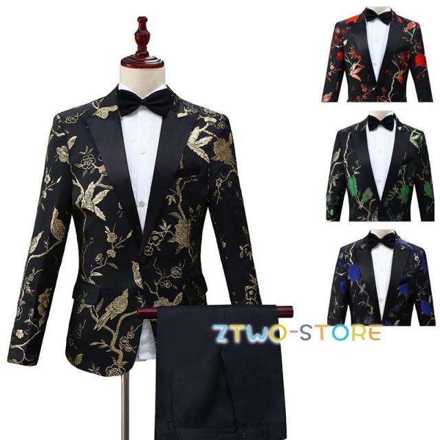 花柄 タキシードスーツ 2点セットスーツ メンズスーツ ストライプ 1つボタンスーツ 結婚式 二次会 成人式 卒業式 就職活 春秋冬 ビジネスフォーマルスーツ